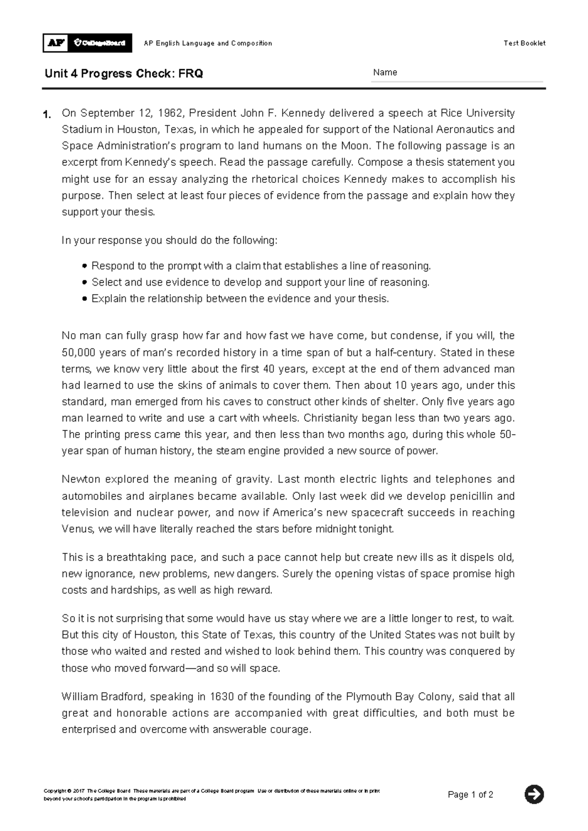 AP English Language and Composition: JFK's Rhetorical Choices on Space ...