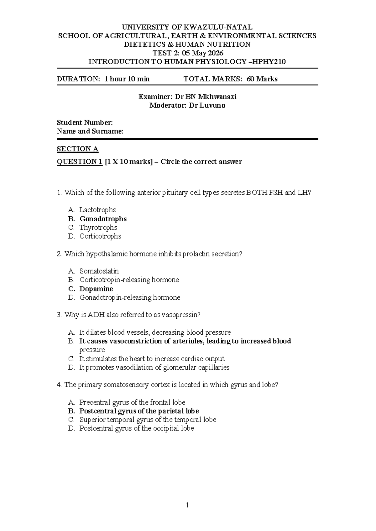 Test 2: Introduction to Human Physiology - HPHY210 - Studocu