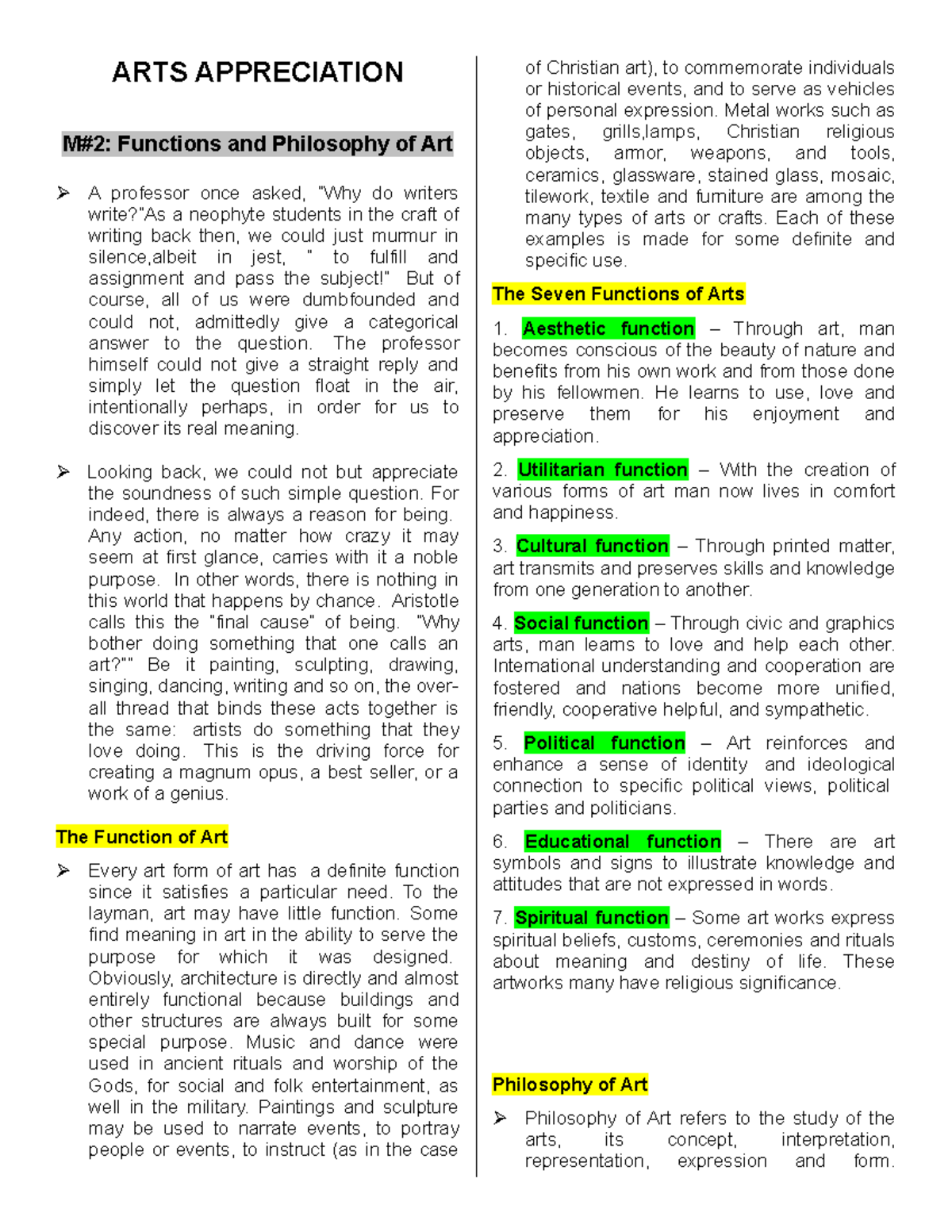 ARTS- Module 2: Exploring Functions & Philosophy of Art - Studocu