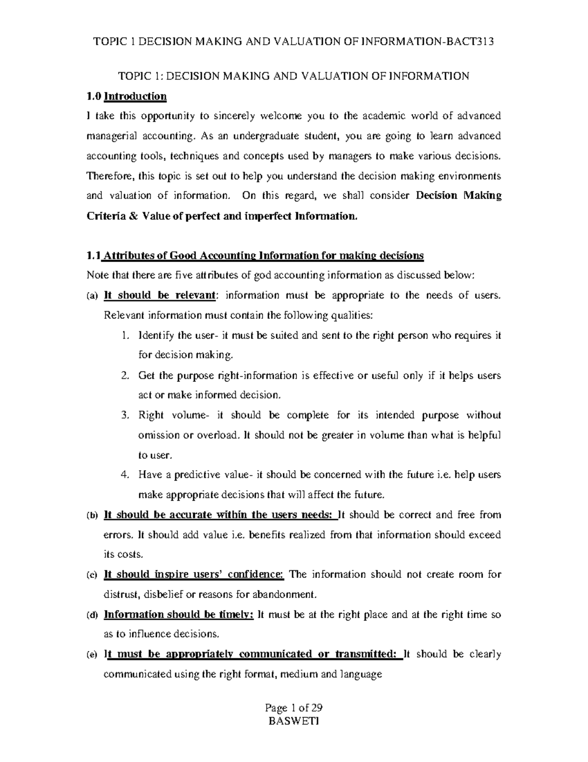 BACT 313 Topic 1: Decision Making Environments Overview - Studocu