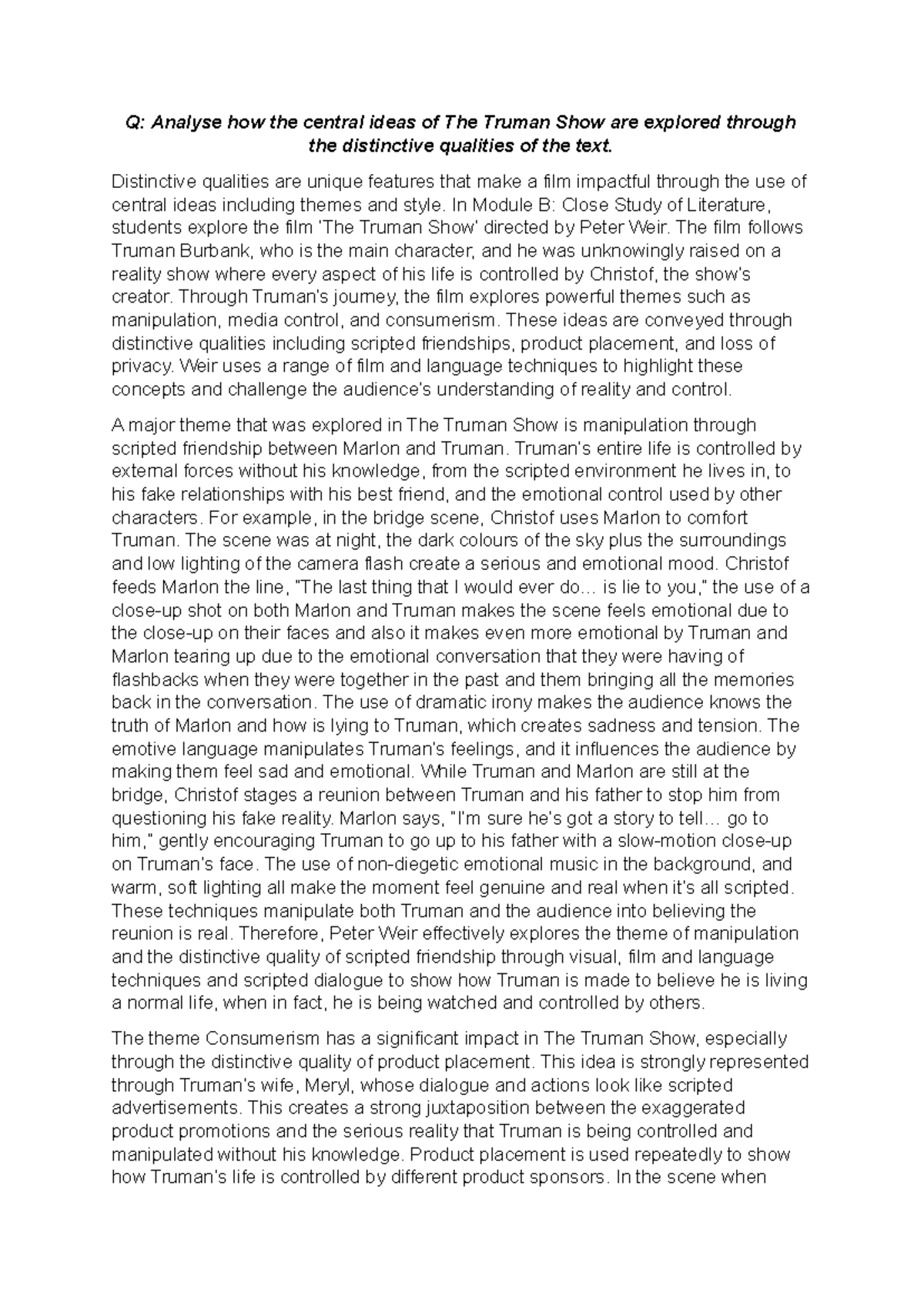 Module B: Close Study of Literature - The Truman Show Analysis Essay ...