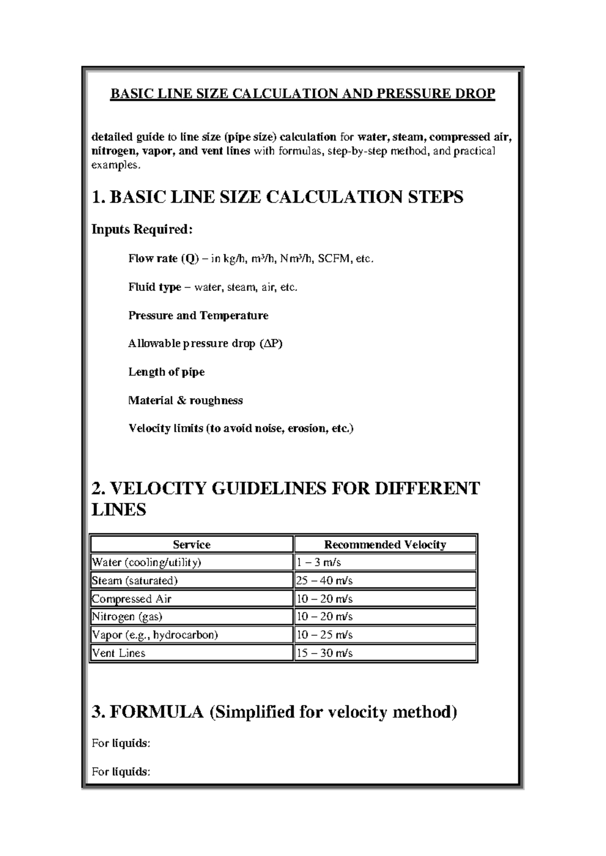 BASIC LINE SIZE CALCULATION & PRESSURE DROP GUIDE - Studocu