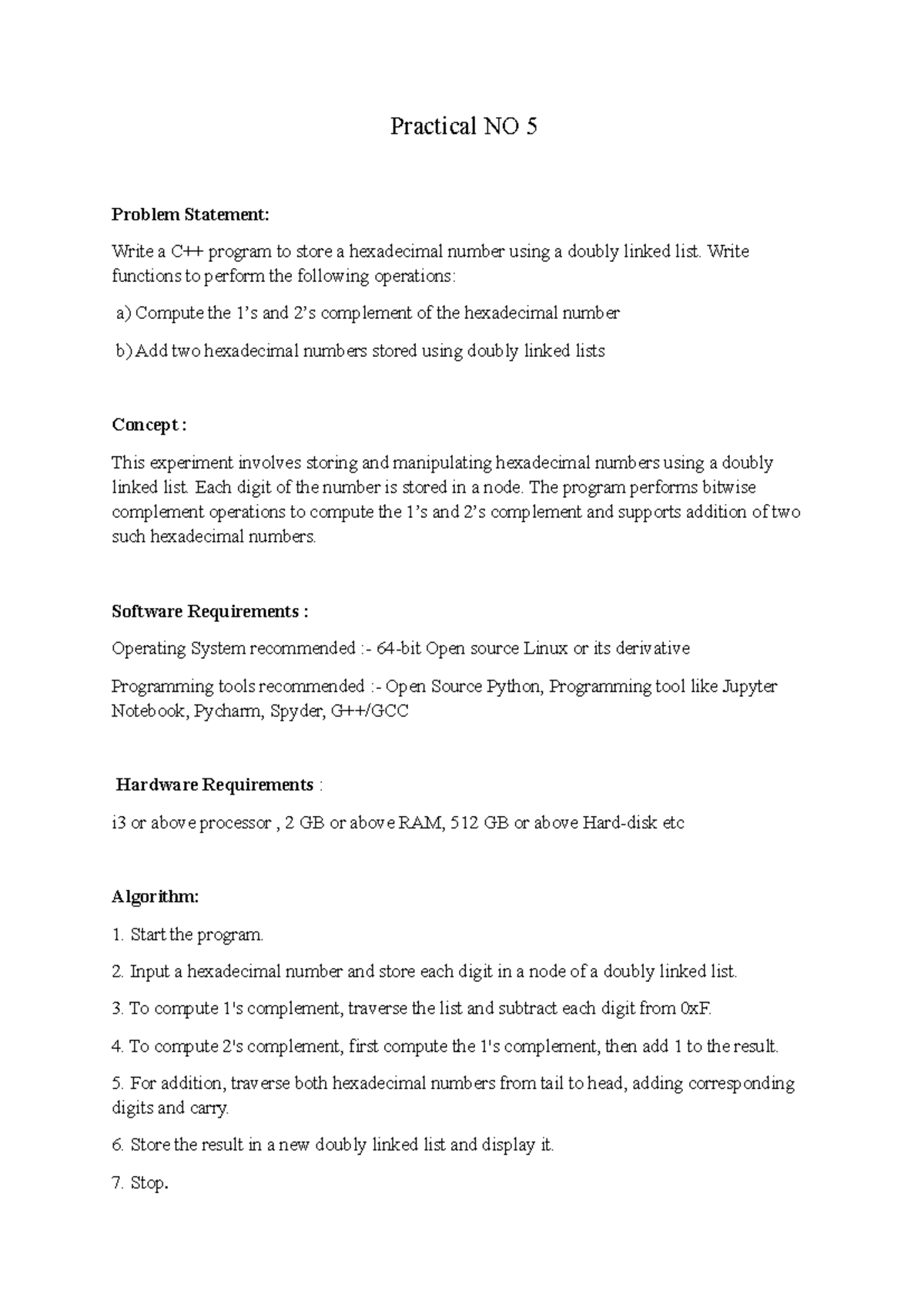 Practical No 5 - Hexadecimal Operations with Doubly Linked Lists - Studocu