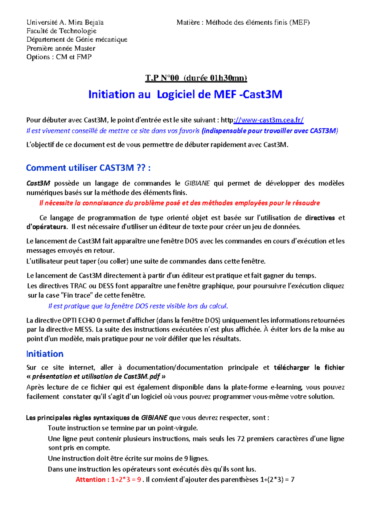 TP N°00 - Introduction à CAST3M pour la Méthode des Éléments Finis ...