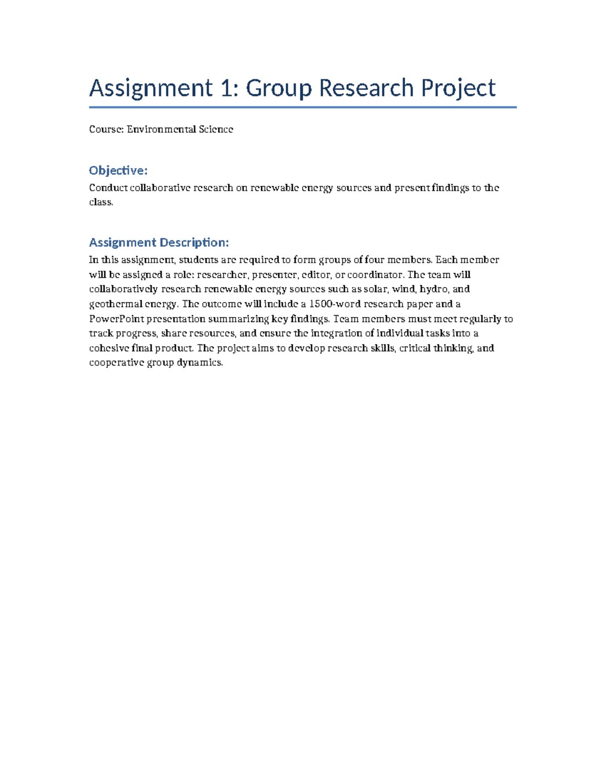 ENV 101: Assignment 1 - Group Research Project on Renewable Energy ...