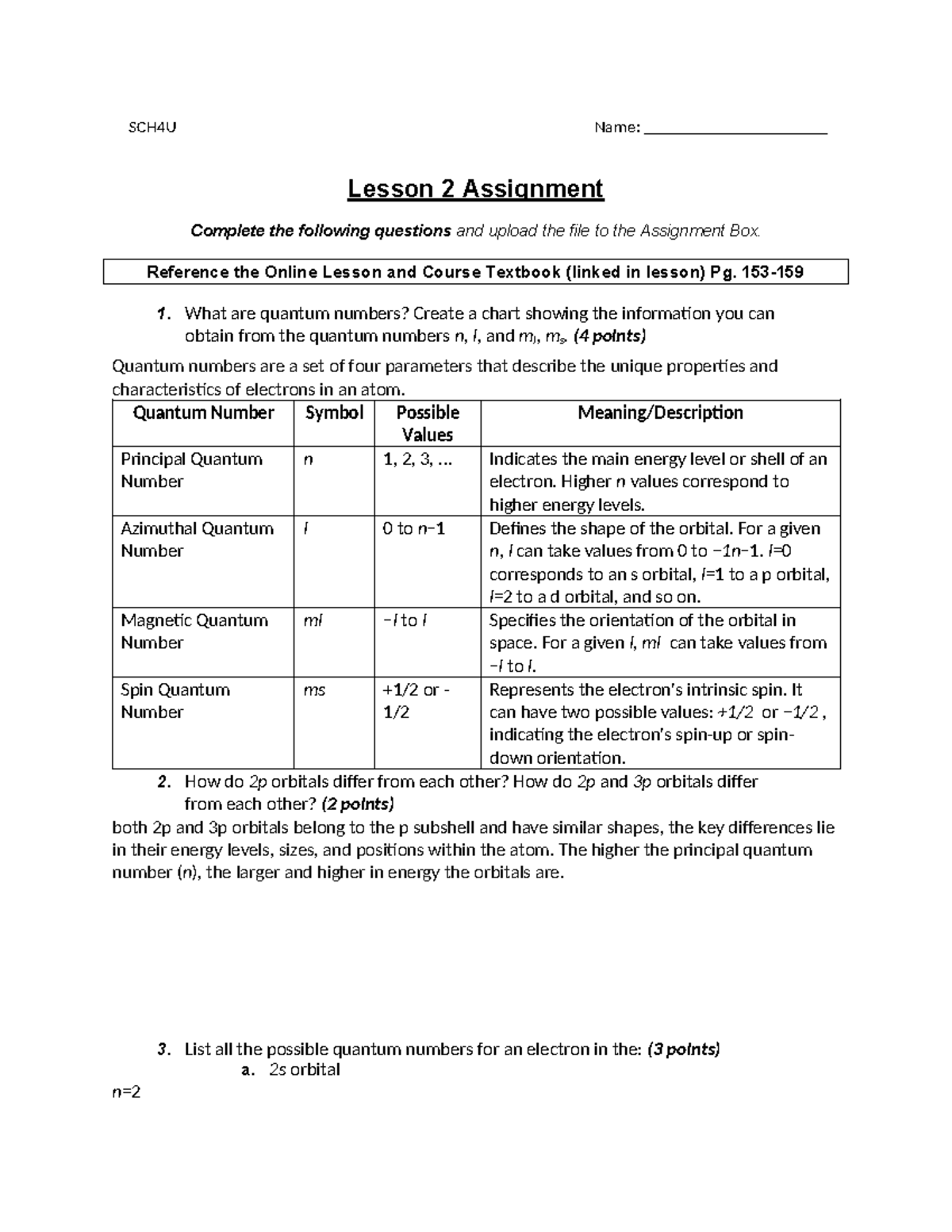 SCH4U Lesson 2 Worksheet: Quantum Numbers & Orbital Differences - Studocu