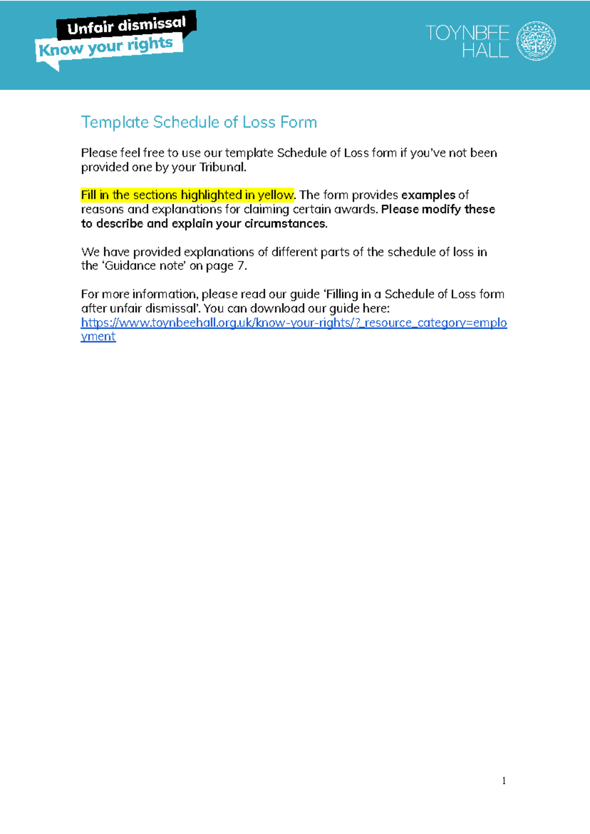 Schedule of Loss Form Template for Unfair Dismissal Claims - Studocu