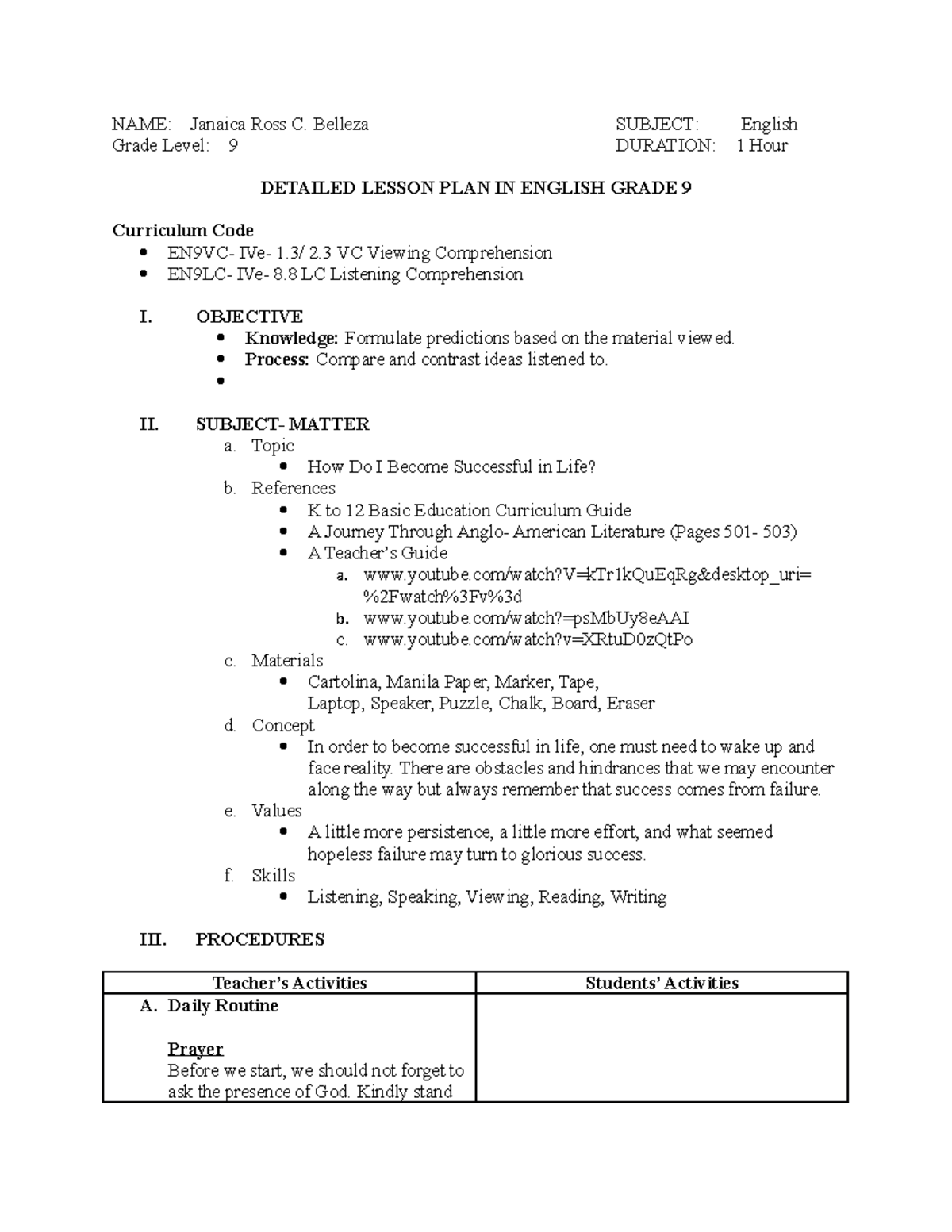 Detailed Lesson Plan for English 9: Success Strategies and Activities ...