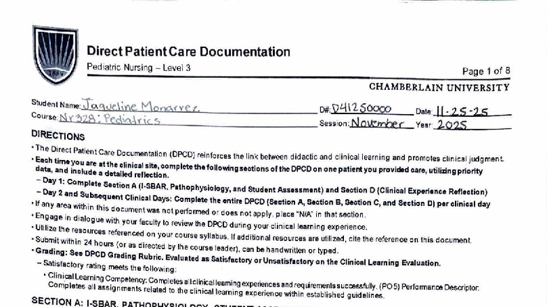 Direct Patient Care Documentation for Pediatric Nursing Level 3 (NR328 ...