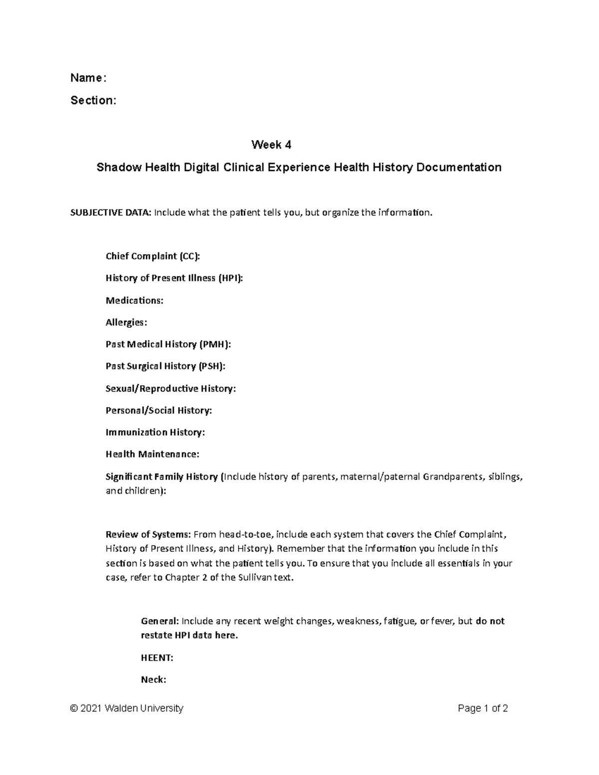 Week4 - shadow health - Name: Section: Week 4 Shadow Health Digital ...