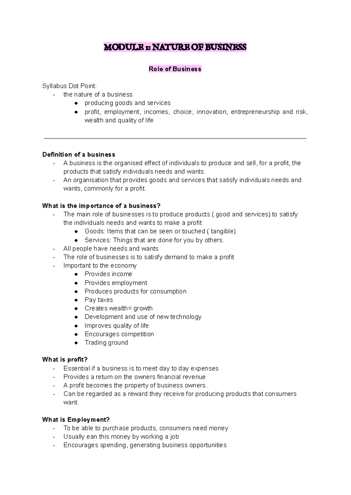 Business Prelims Notes - Mod 1: Nature of Business and Its Role - Studocu