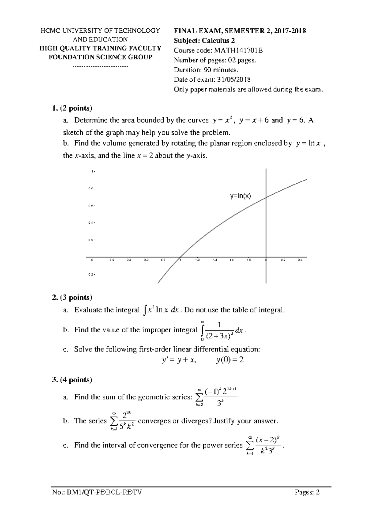 Calculus 2 Final Exam MATH141701E - May 2018 Overview and Questions ...