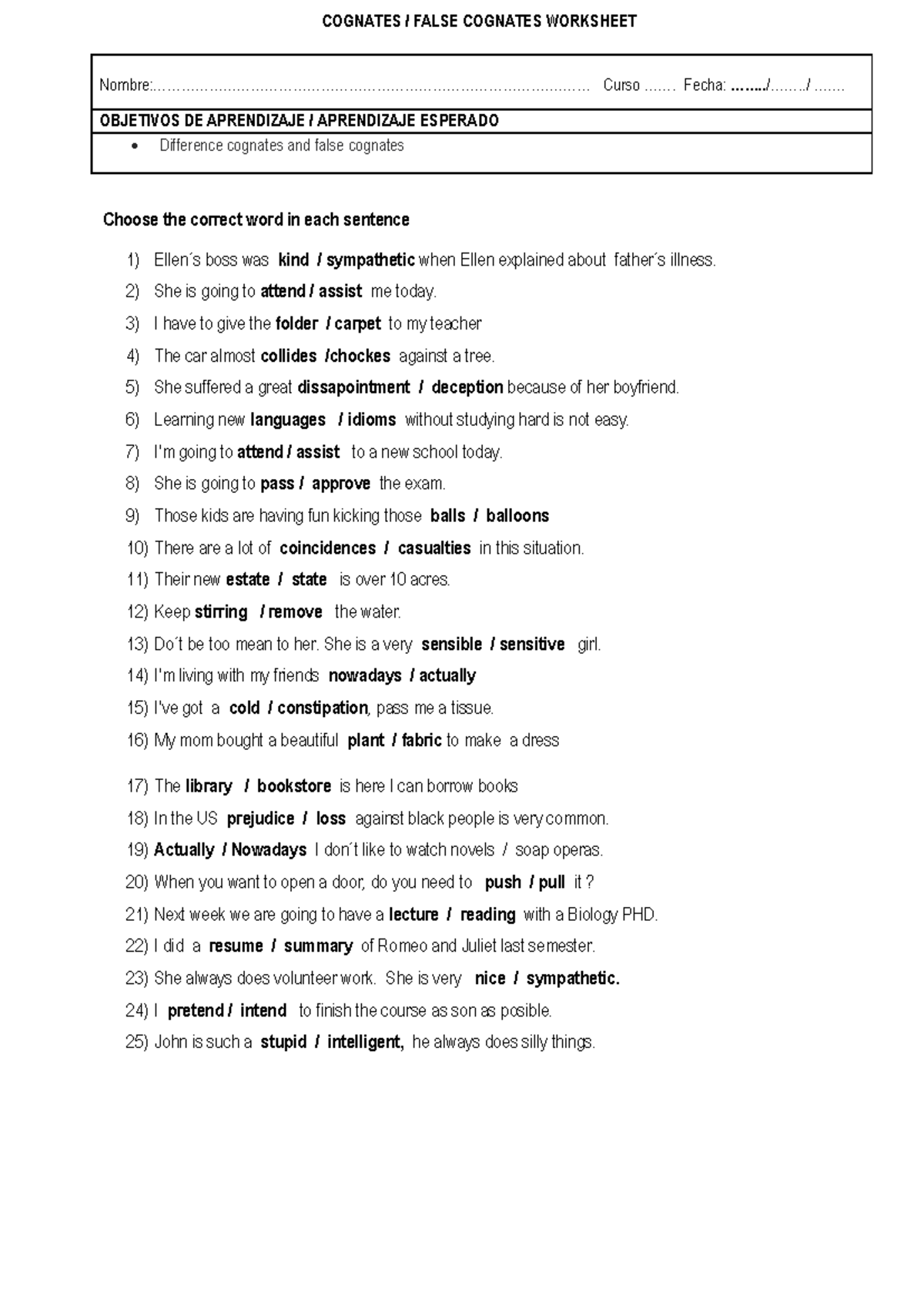 Cognates - COGNATES / FALSE COGNATES WORKSHEET Choose the correct word ...