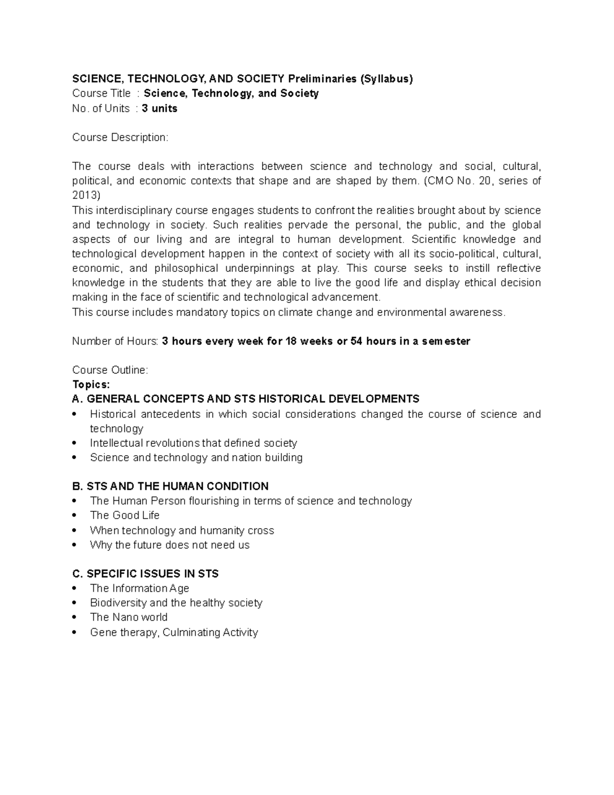 STS 101 Course Syllabus: Science, Technology, and Society Overview ...