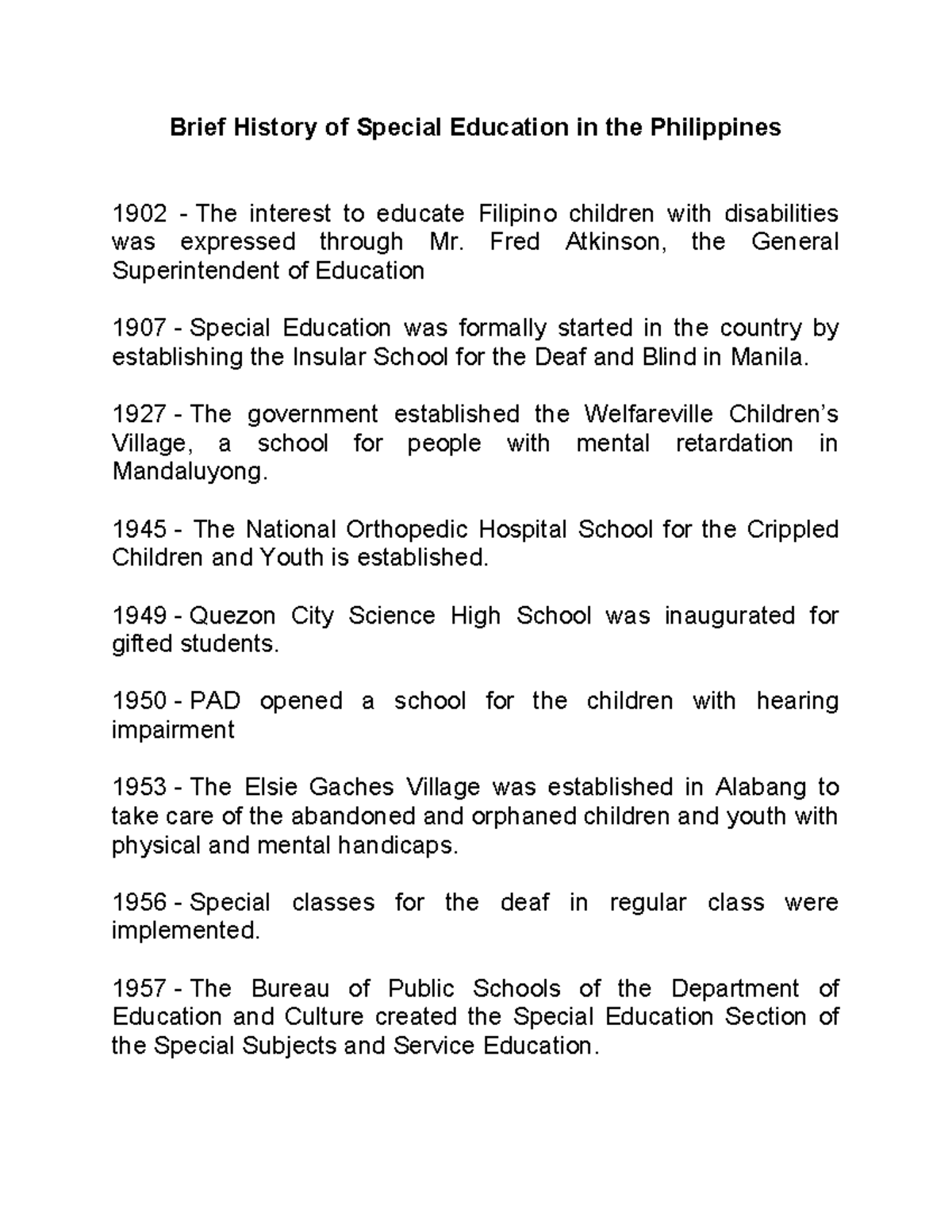 A Comprehensive Timeline of Special Education in the Philippines - Studocu