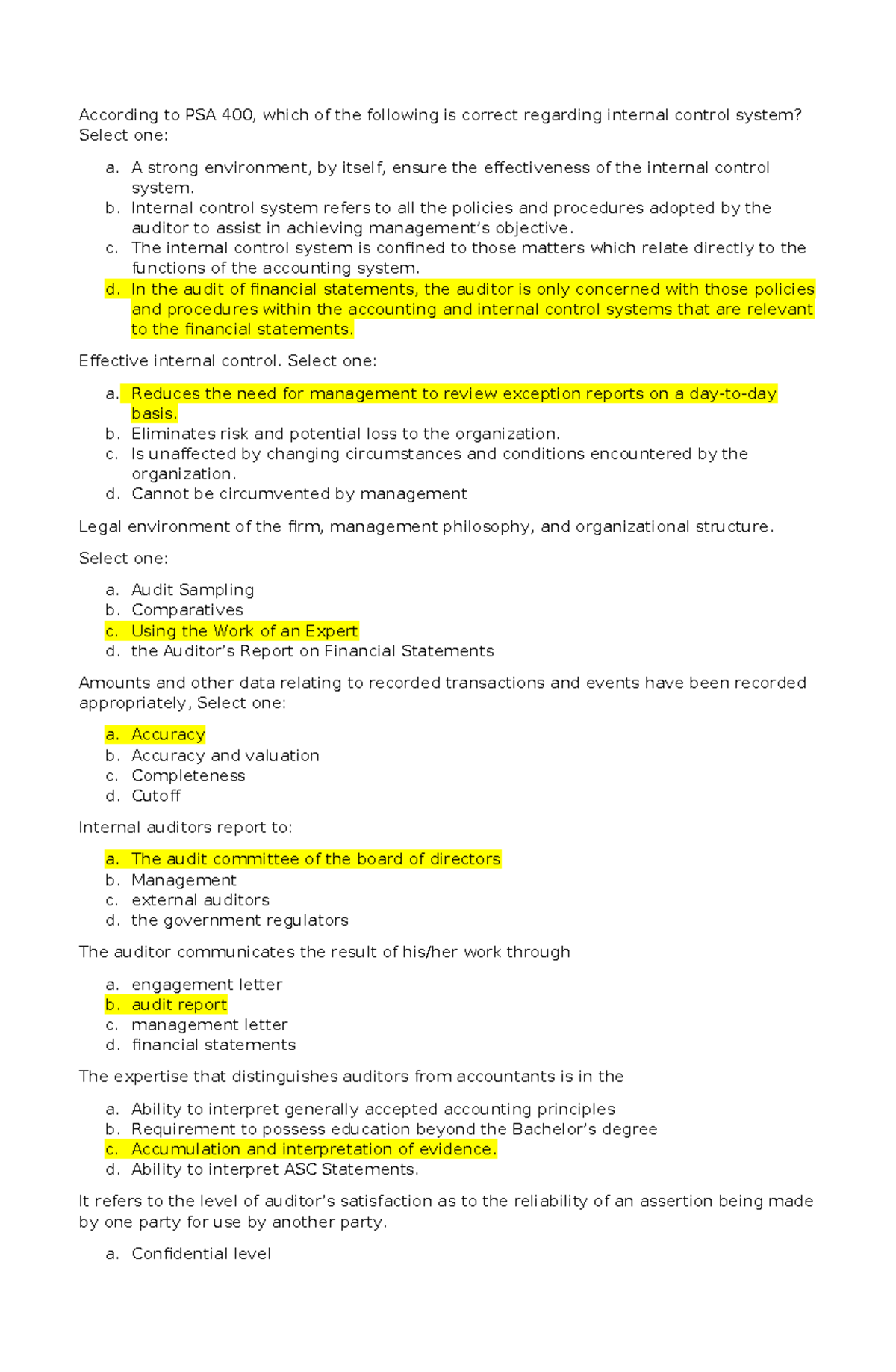 AUD 401 Final Exam Sample on Internal Control and Audit Concepts - Studocu