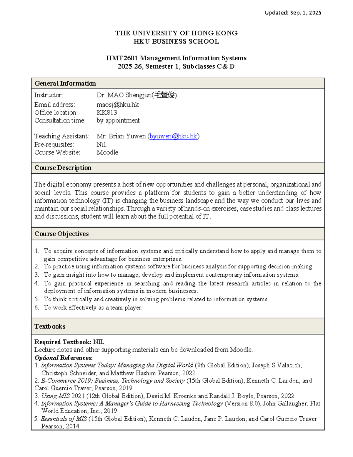 IIMT2601 Management Information Systems Course Outline 2025-26 - Studocu