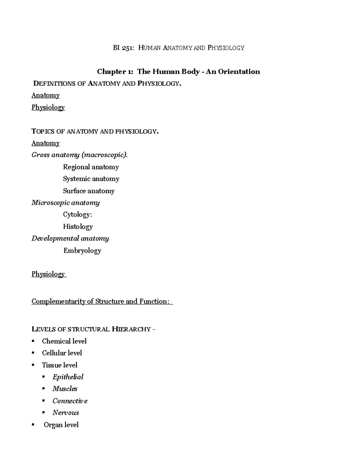 BI 251: Intro to Human Anatomy & Physiology - Chapter 1 Overview - Studocu