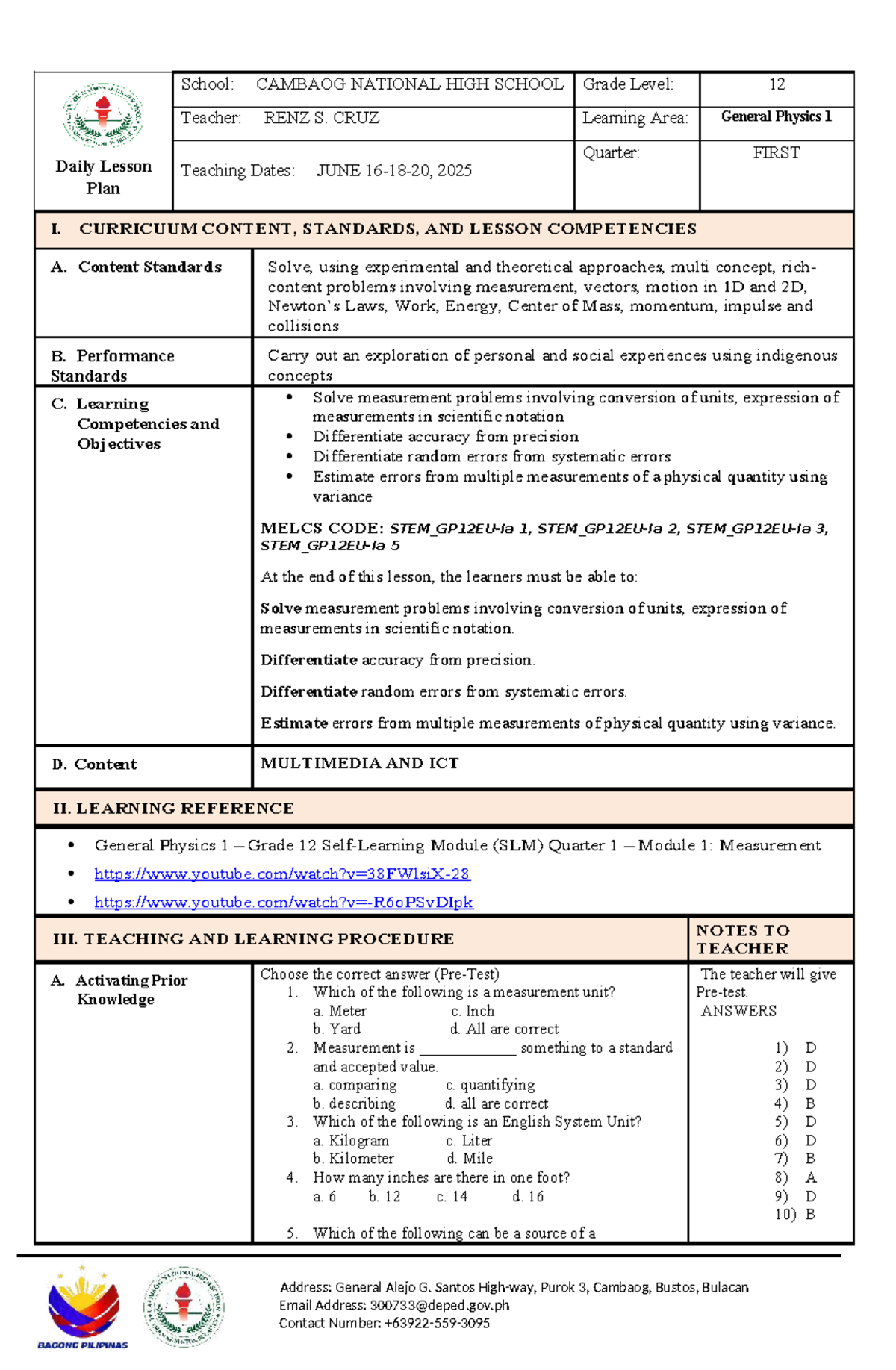 Gen Physics 1 Daily Lesson Plan: Measurement & Scientific Notation ...