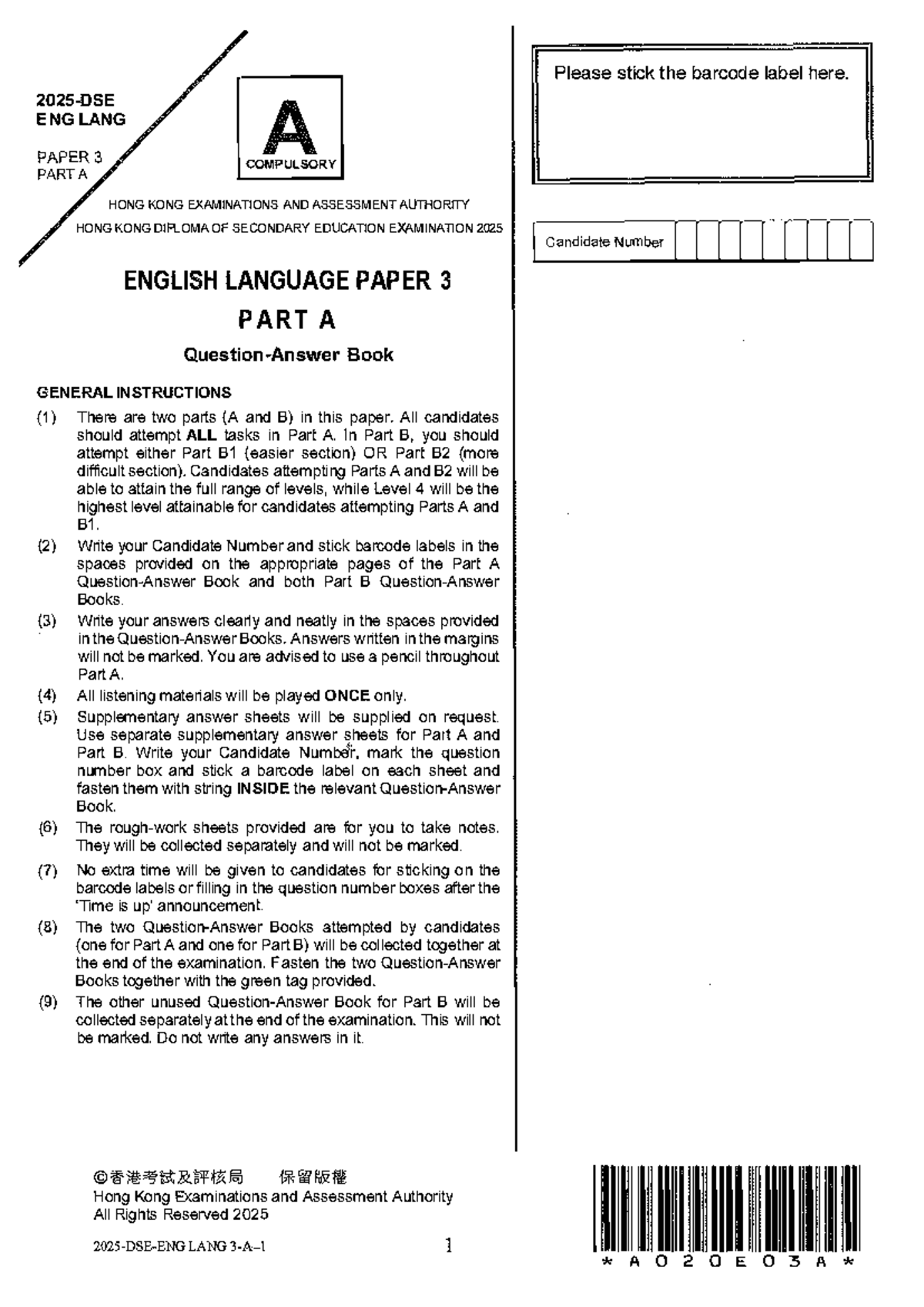2025 ENG LANG HKDSE Exam Paper 3 Part A Instructions and Tasks - Studocu