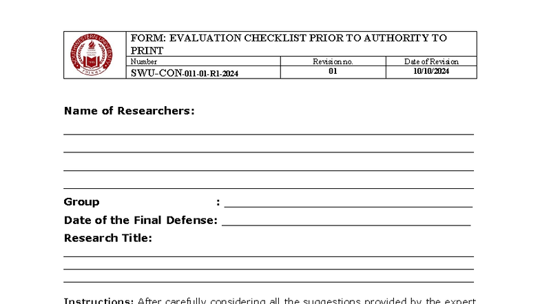 ATP Clearance Authority to Print - Evaluation Checklist - Studocu