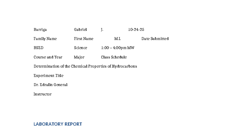 BSED Science Lab Report 7: Chemical Properties of Hydrocarbons - Studocu