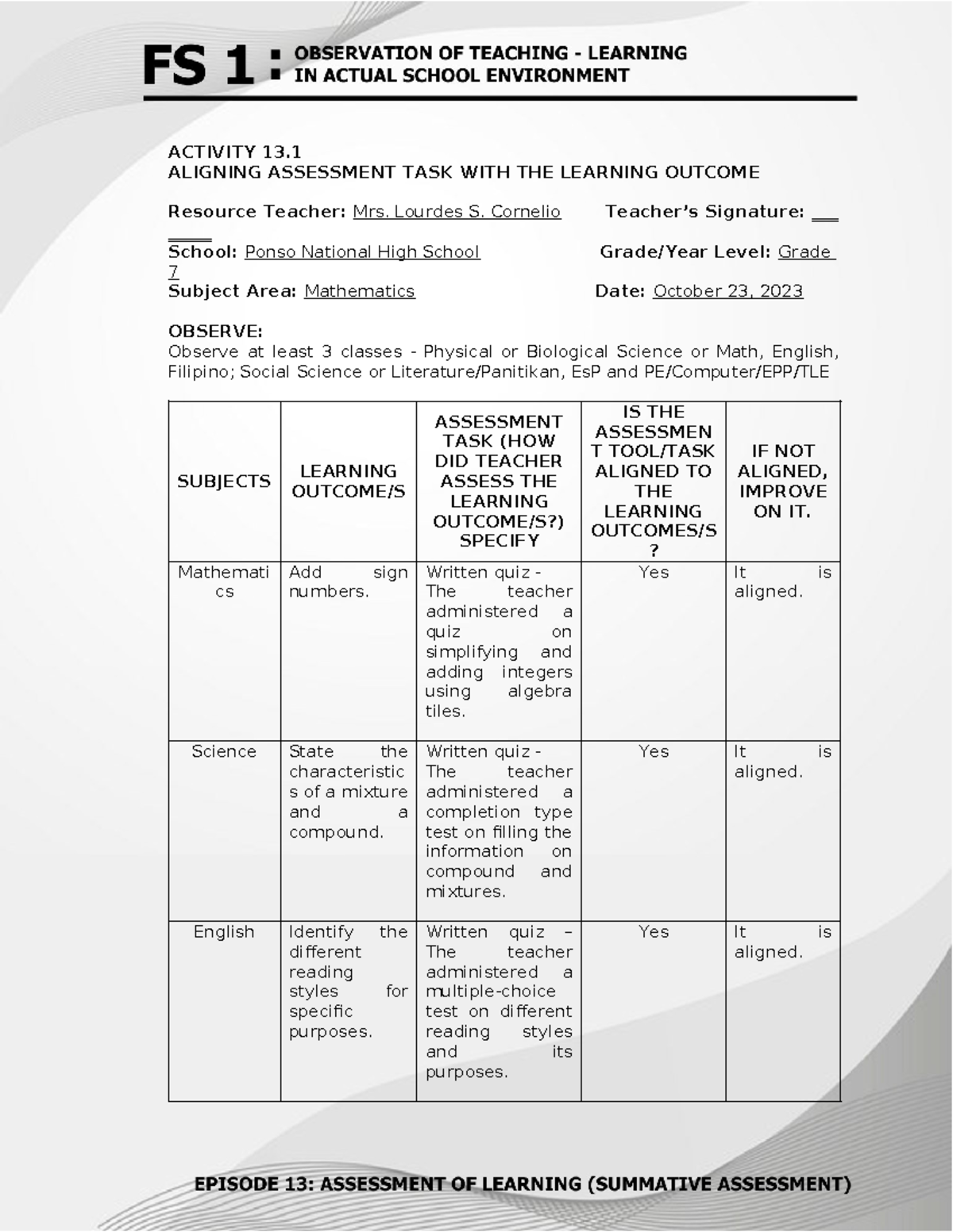FS1 Episode 13 - Aligning Assessment Tasks with Learning Outcomes - Studocu