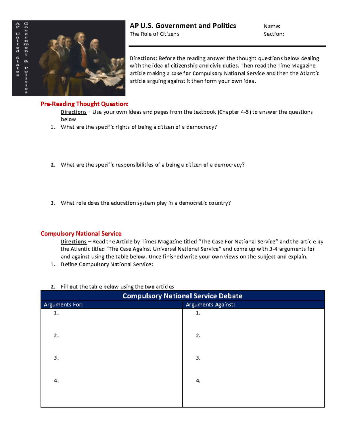 AP U.S. Gov & Politics: The Role of Citizens in National Service Debate ...