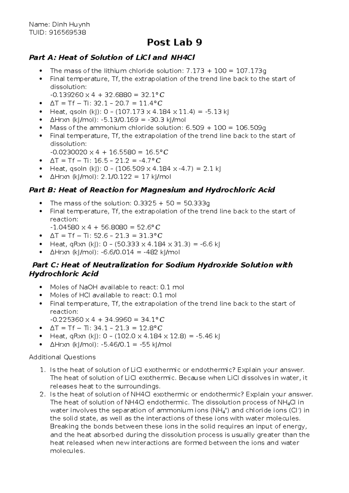 Post Lab 9: Heat of Solution & Reaction in Gen Chem II - Studocu