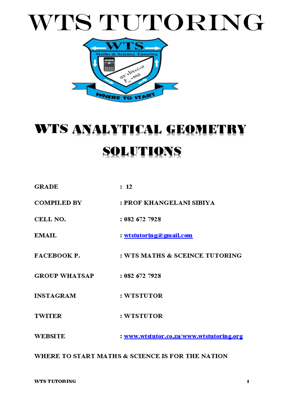 2022 WTS Grade 12 Analytical Geometry Solutions Compilation - Studocu