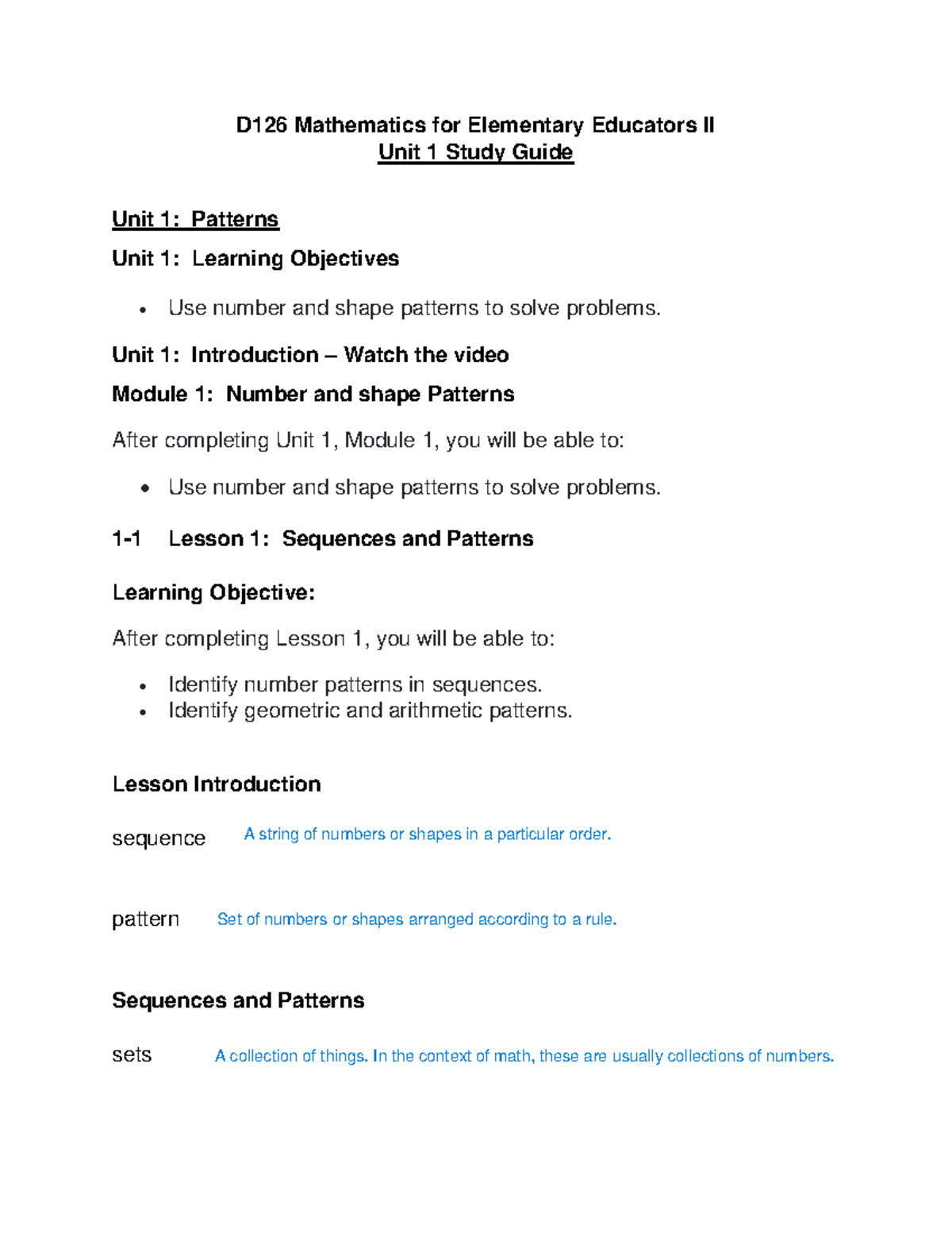 MATH Unit 1 Study Guide - D126 Mathematics for Elementary Educators II ...