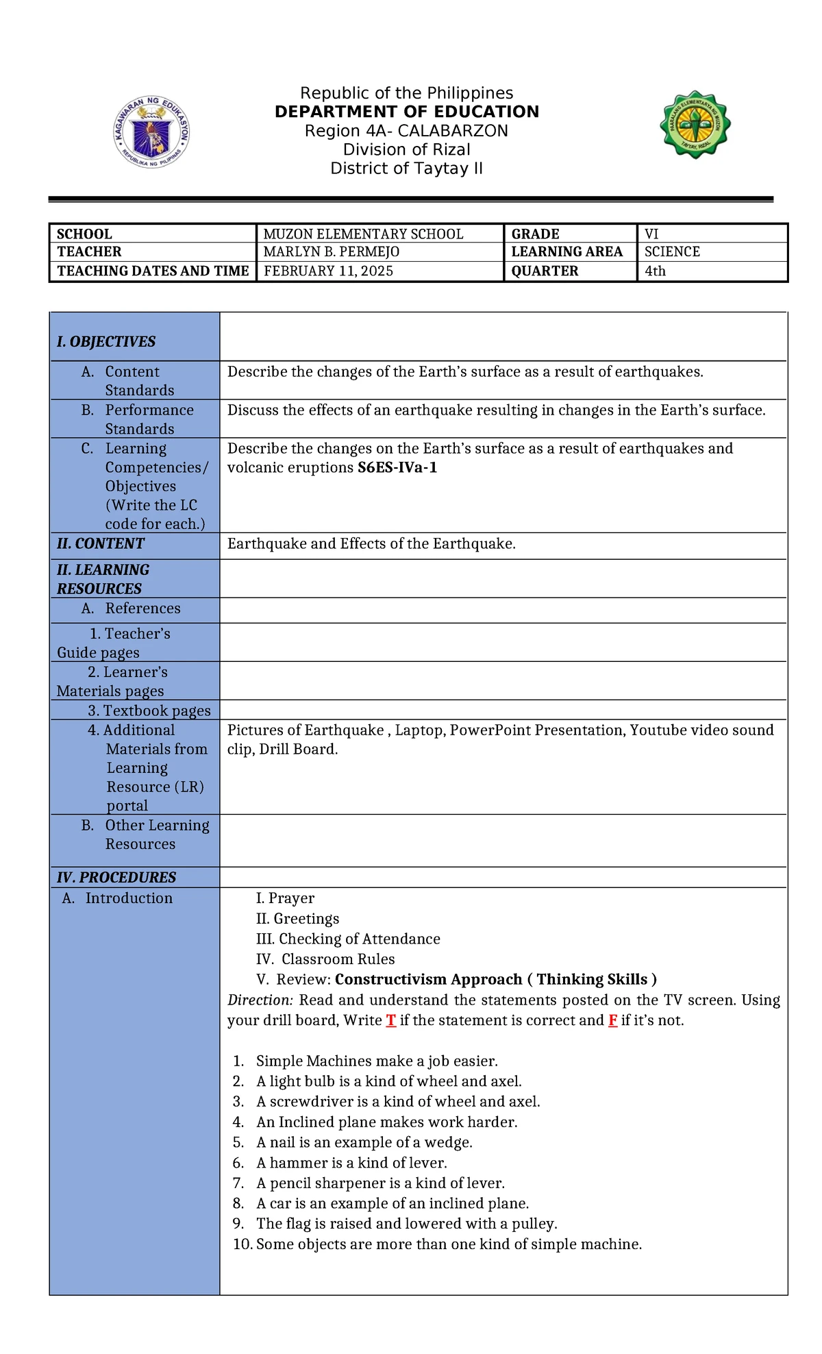 Science VI Lesson Plan: Earthquake Preparedness and Safety Measures ...
