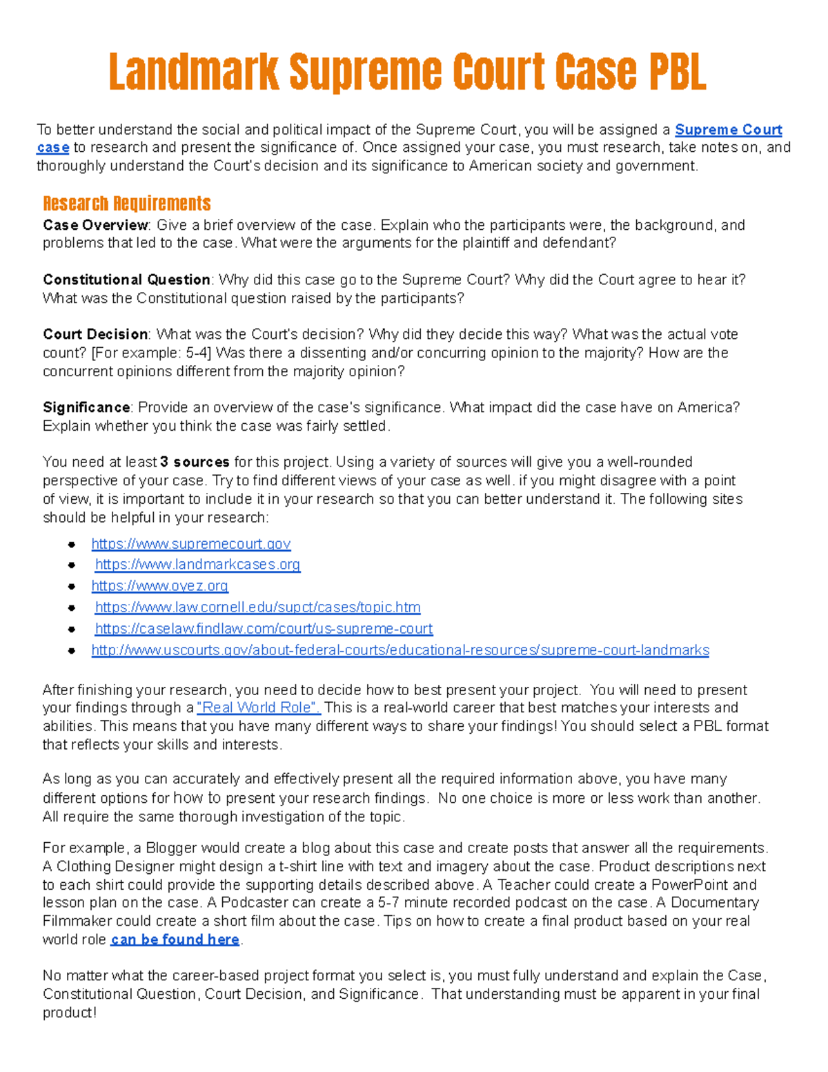 Supreme Court Case Research Project - PBL Overview and Guidelines - Studocu