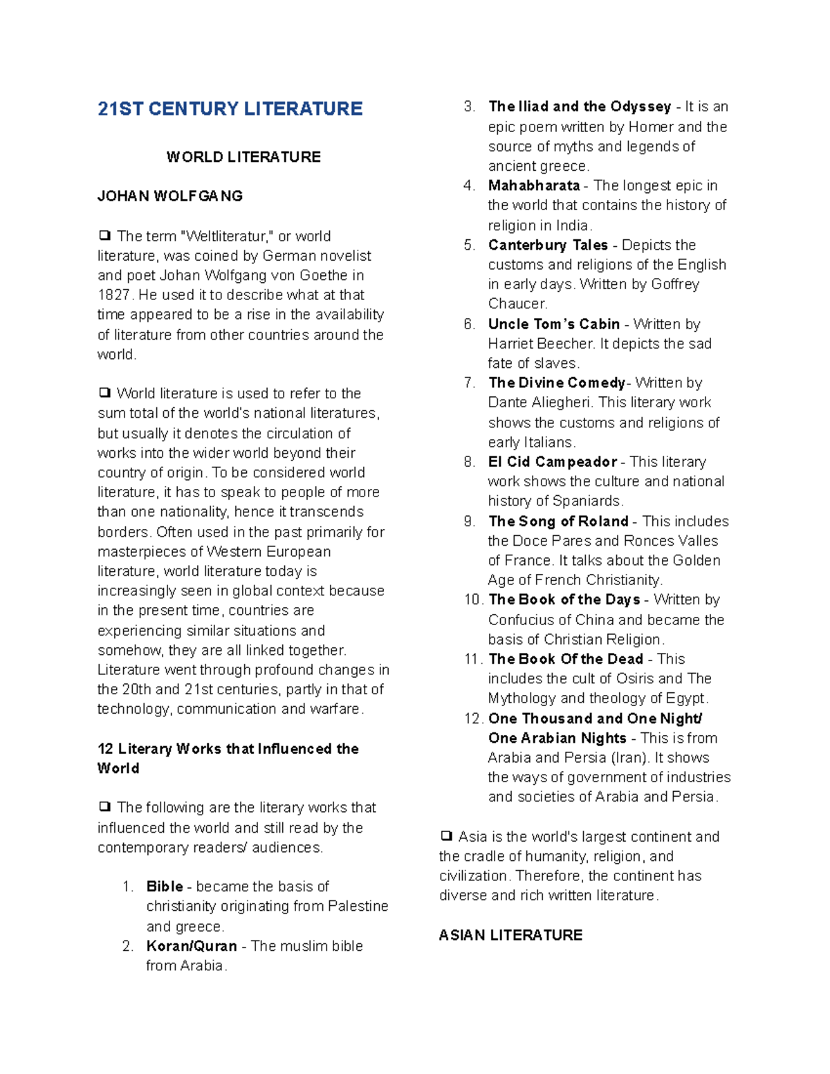 21ST CENTURY LITERATURE: WORLD LITERATURE NOTES - Studocu