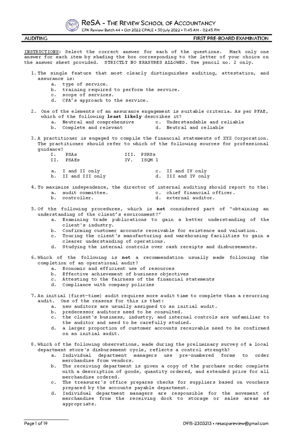 Re SA B43 AUD Final PB Exam - Questions, Answers Solutions - ReSA - THE ...