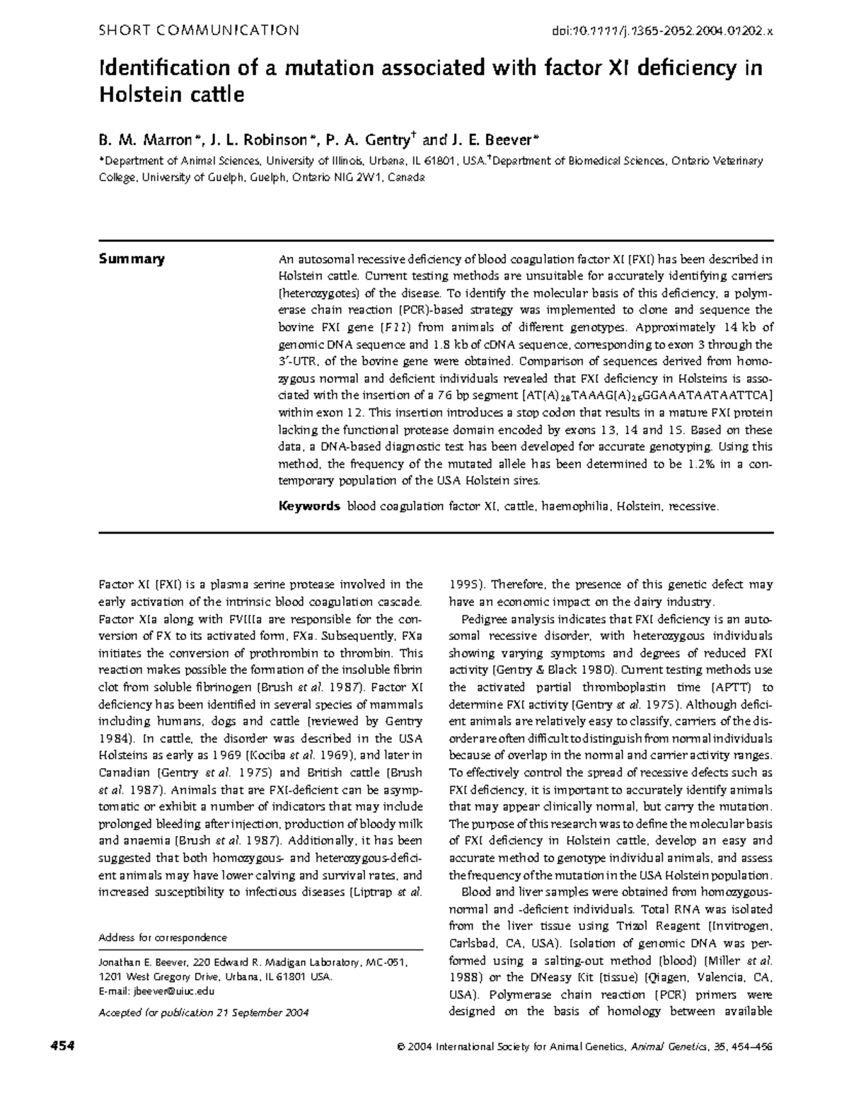 Identification of a Mutation Linked to Factor XI Deficiency in Holstein ...