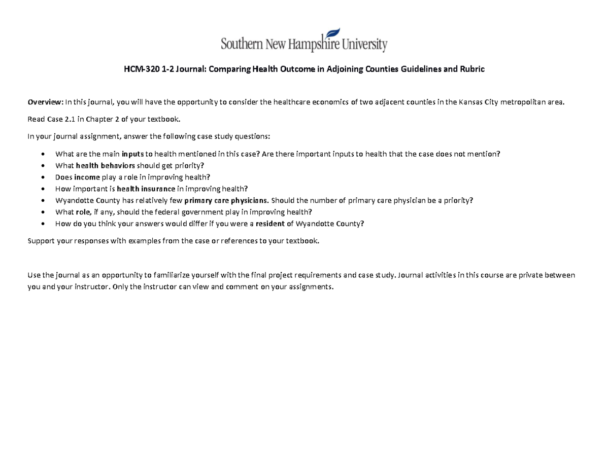HCM 320 Module 1 Journal: Analyzing Health Outcomes in Adjacent ...