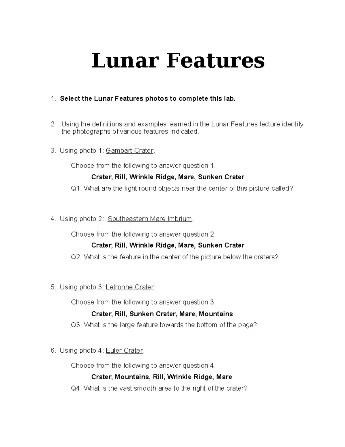 Lunar Features Lab: Identifying Key Characteristics - Studocu