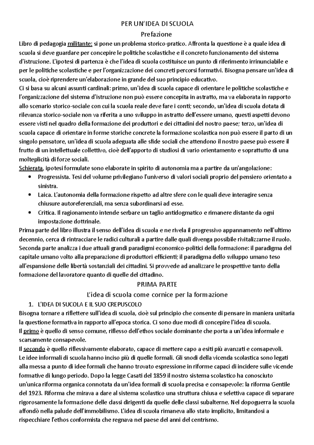 Per un'idea di scuola - Riassunto del libro (prima parte e seconda parte). - PER UN’IDEA DI ...
