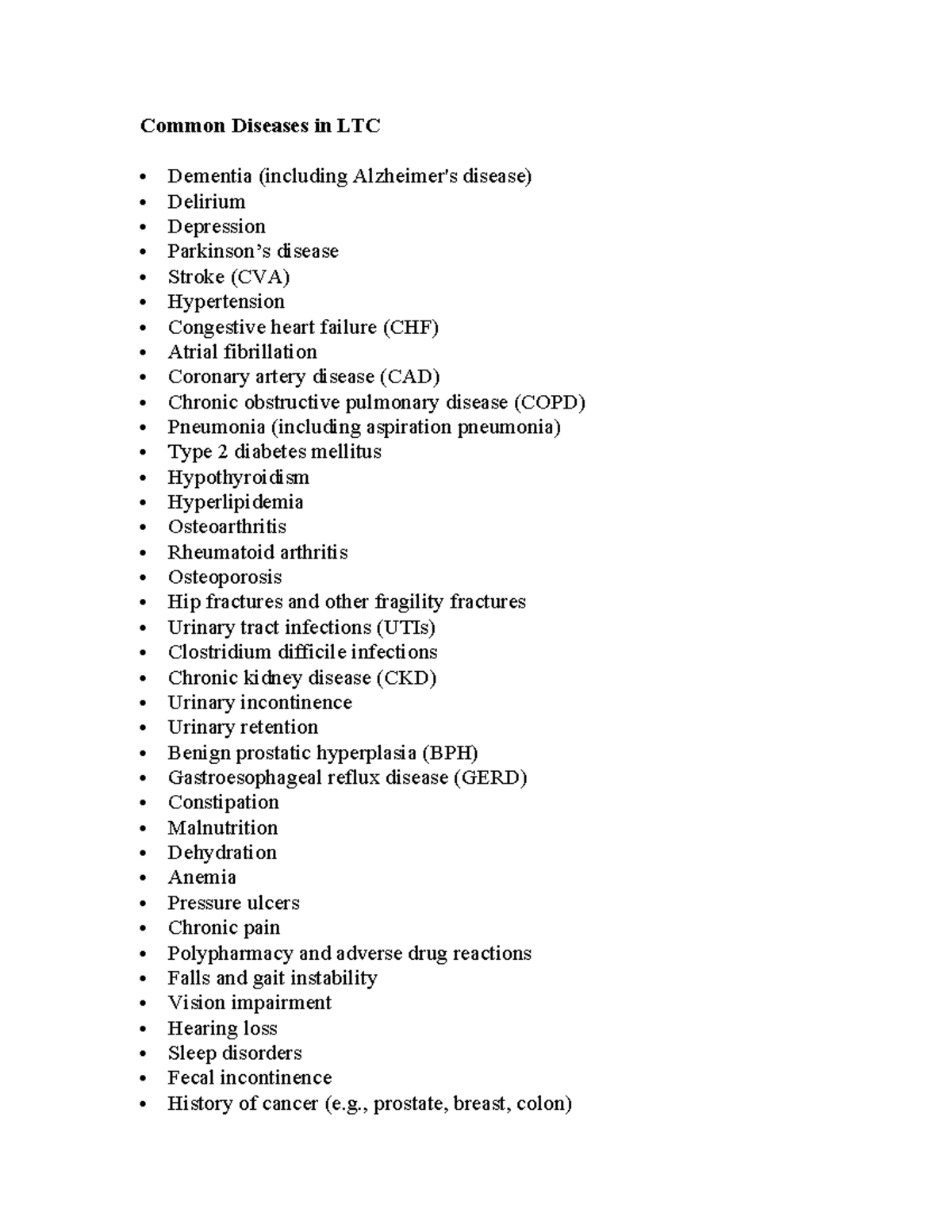Common Diseases in LTC: Dementia, Delirium, and More - Studocu