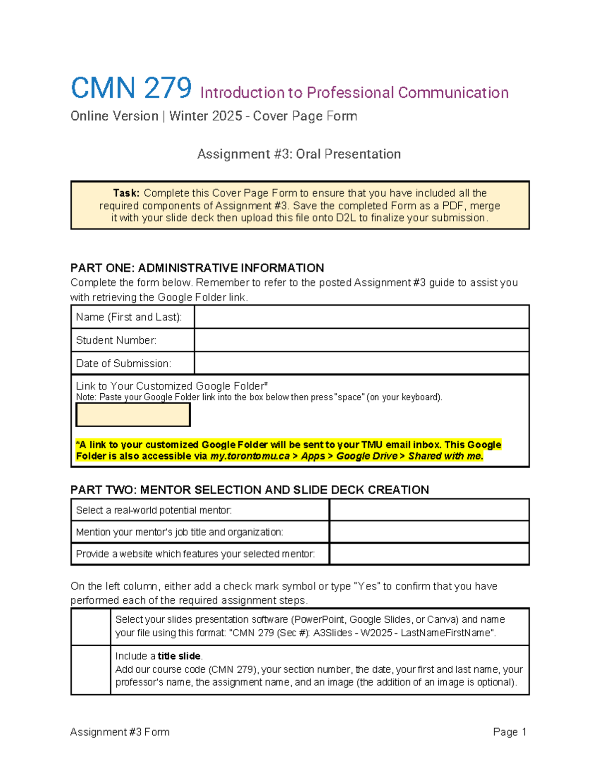 CMN 279 A3 Cover Page Form for Oral Presentation - W2025 Submission Guide - Studocu