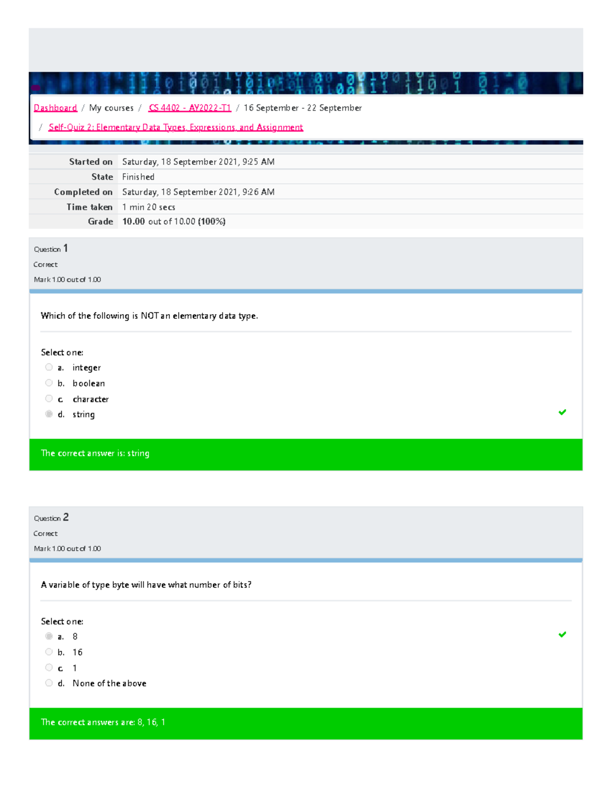Self-Quiz 2 Elementary Data Types, Expressions, and Assignment Attempt review - Started on ...