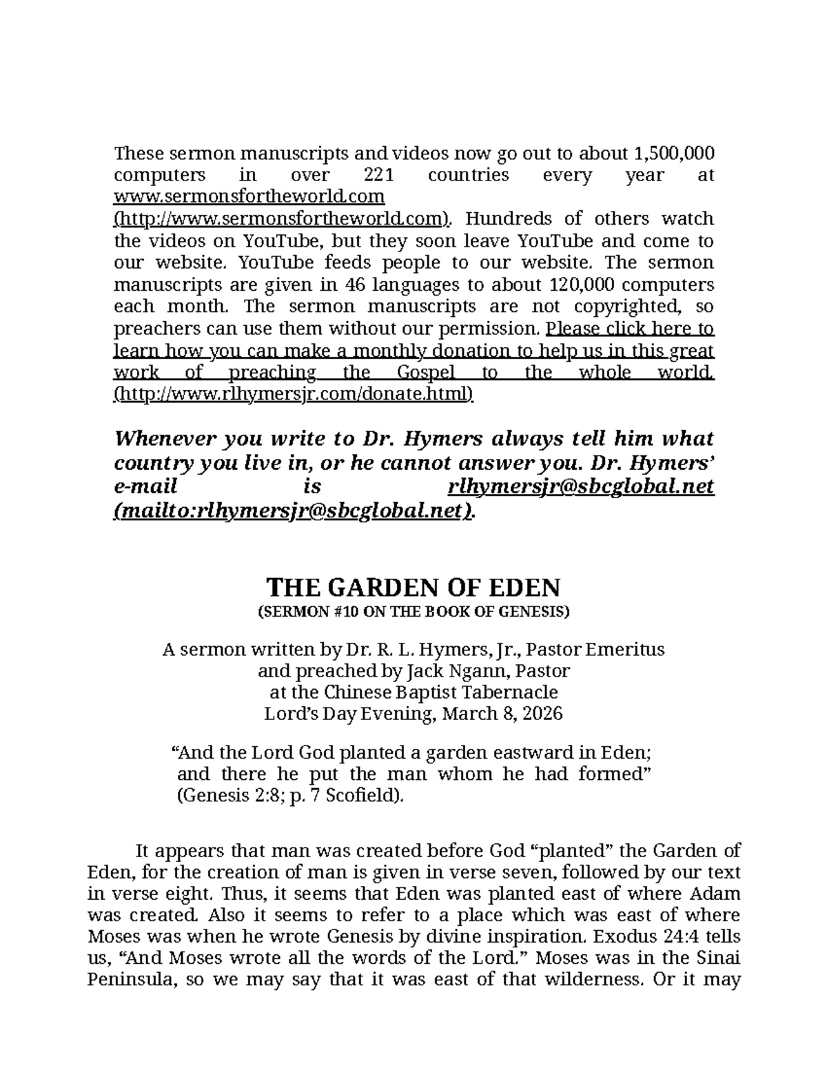 The Garden of Eden: Sermon by Dr. R. L. Hymers, Jr. - Studocu