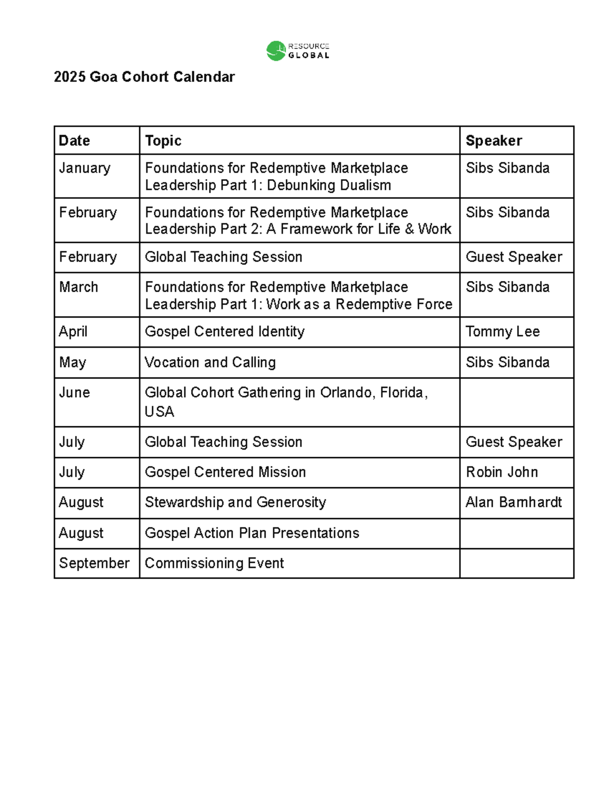 2025 Goa Cohort Calendar: Schedule of Events & Speakers - Studocu