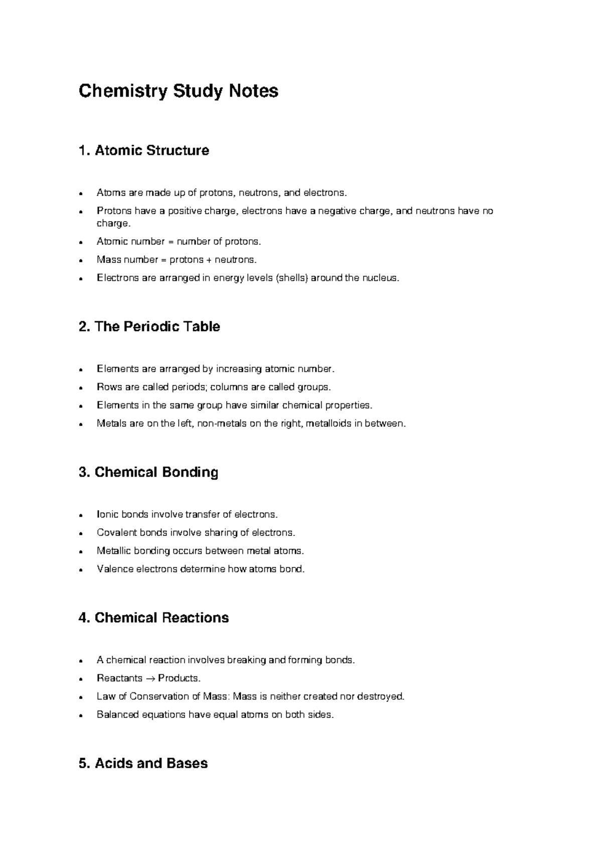 Chemistry Study Notes: Atomic Structure & Chemical Reactions - Studocu