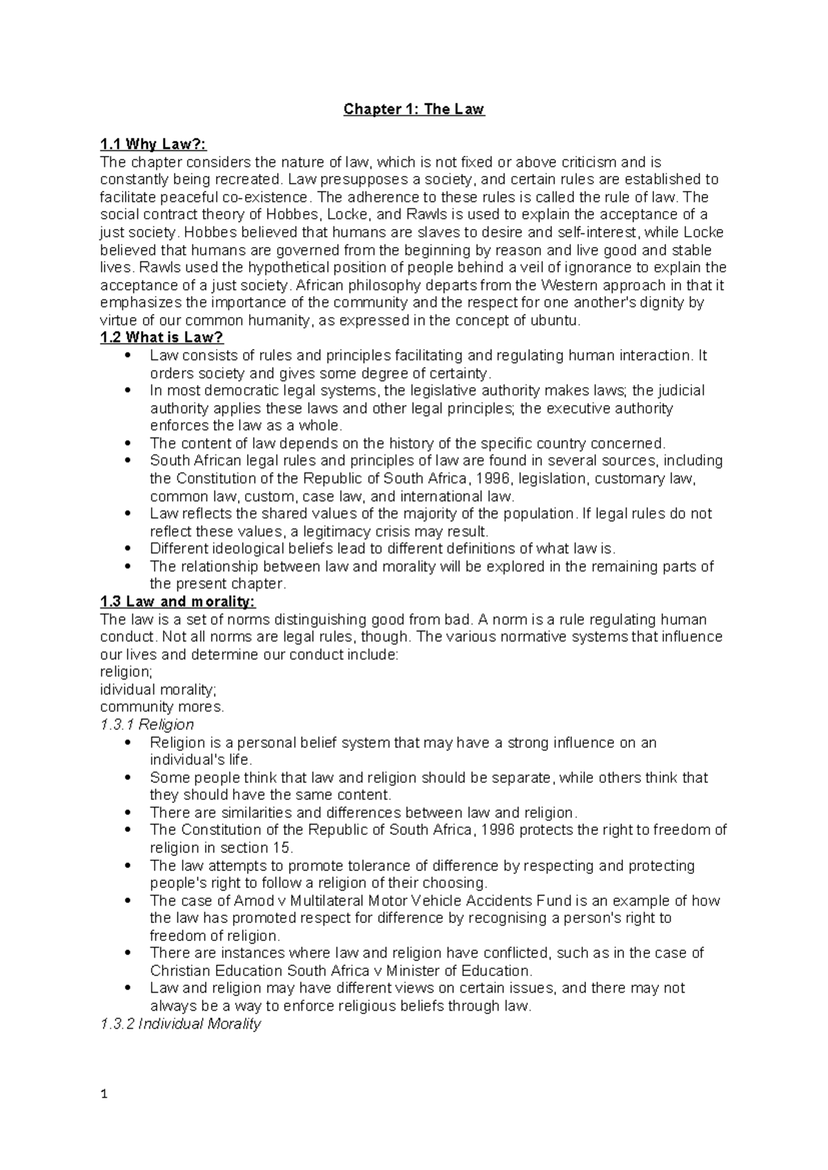 Chapter 1 Summary: Fundamentals of Law - Intro to Law 101 - Studocu