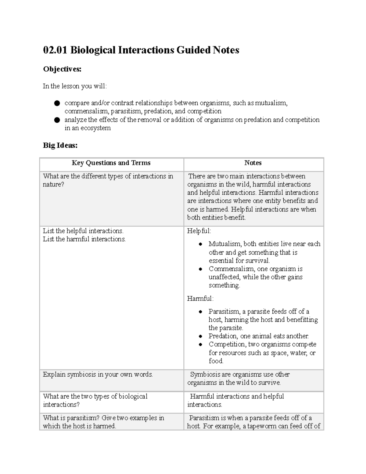 02 01 Biological Interactions Guided Notes: Key Concepts and Examples ...