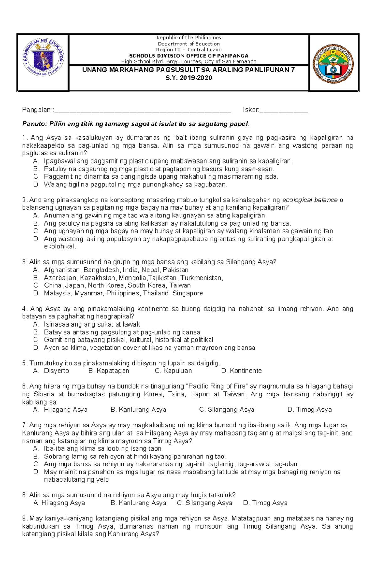 AP-7 Unang Markahang Pagsusulit sa Araling Panlipunan 7 - Studocu