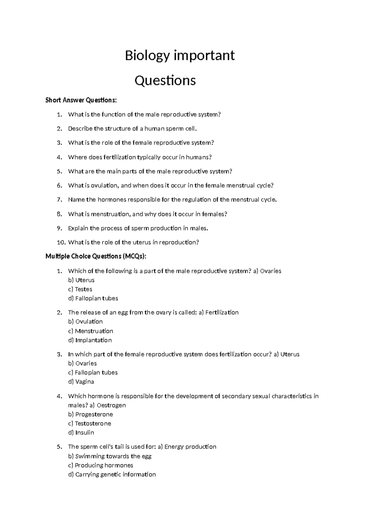 Biology Important Questions: Short Answer, MCQs & Long Answers - Studocu