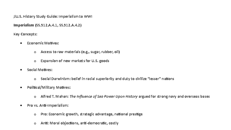 History Study Guide: Imperialism to WWI (SS.912.A.4.1, SS.912.A.4.2 ...